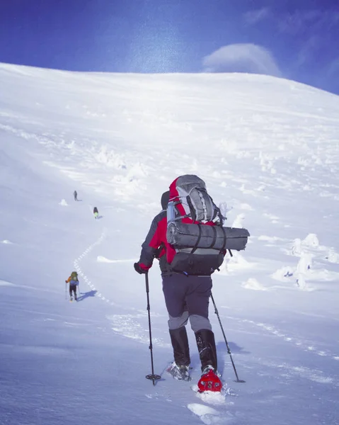Winter hiking in the mountains on snowshoes with a backpack and - Stock ...