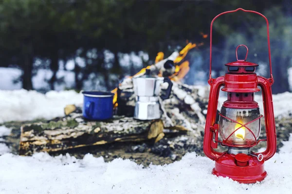Cooking breakfast.Cooking breakfast on a fire in a tent camp. - Stock ...