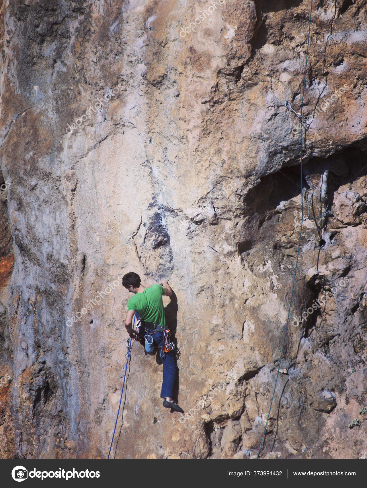 Strong Man Overcomes Difficult Climbing Route Natural Terrain Rock ...