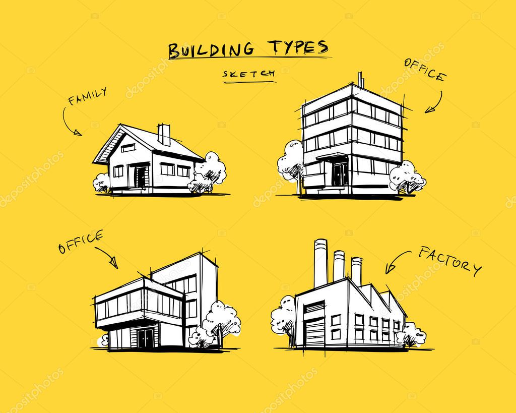Set of Four Buildings Types Hand Drawn Cartoon Illustration — Stock ...