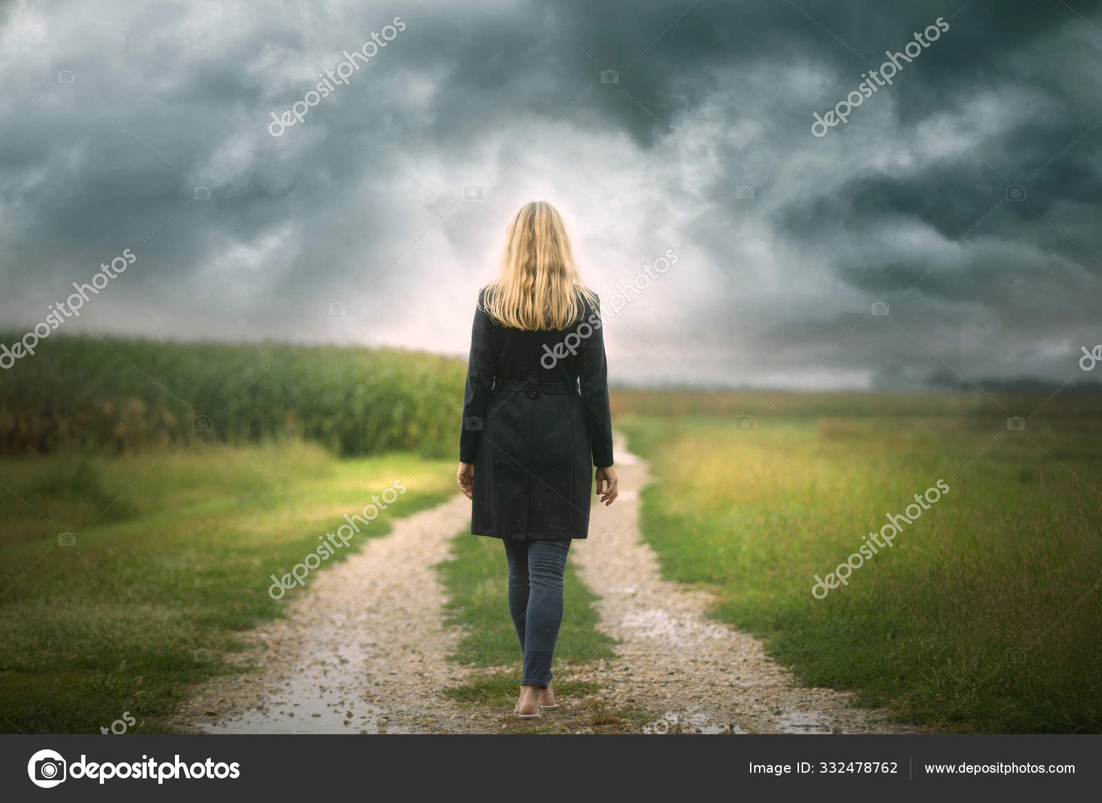 Back View Sad Woman Walks Alone Rural Road Stock Photo by ©robsonphoto ...