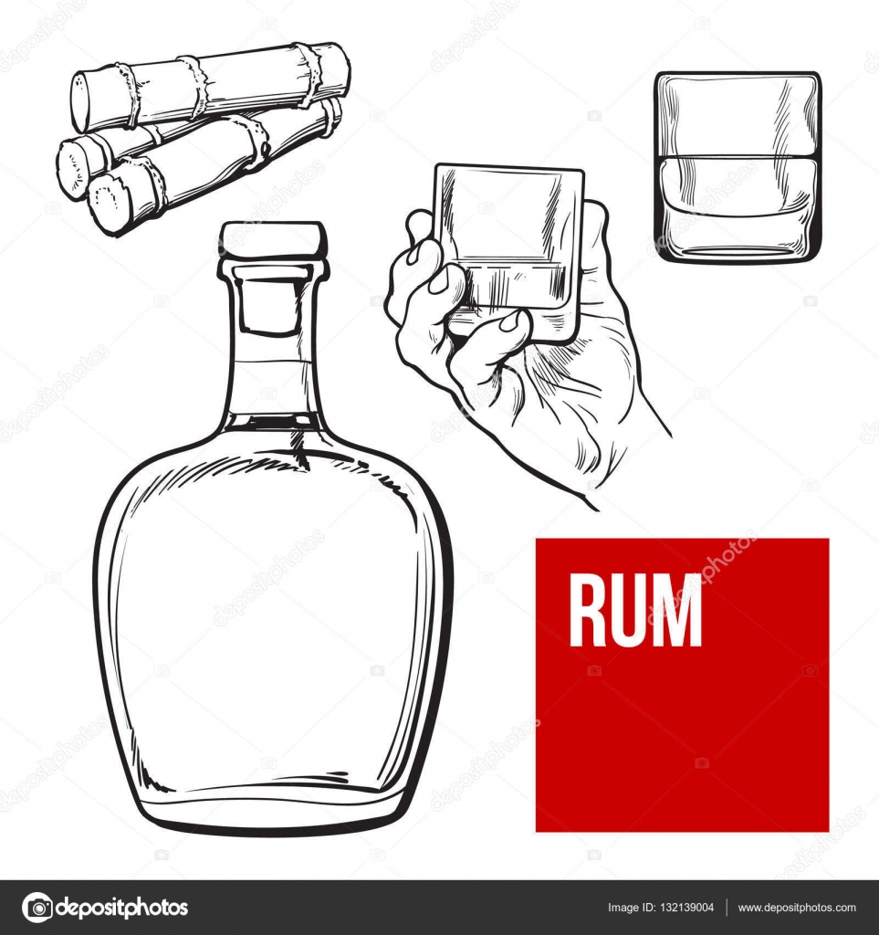 Rum bellied bottle, hand holding shot glass and sugar cane — Stock ...