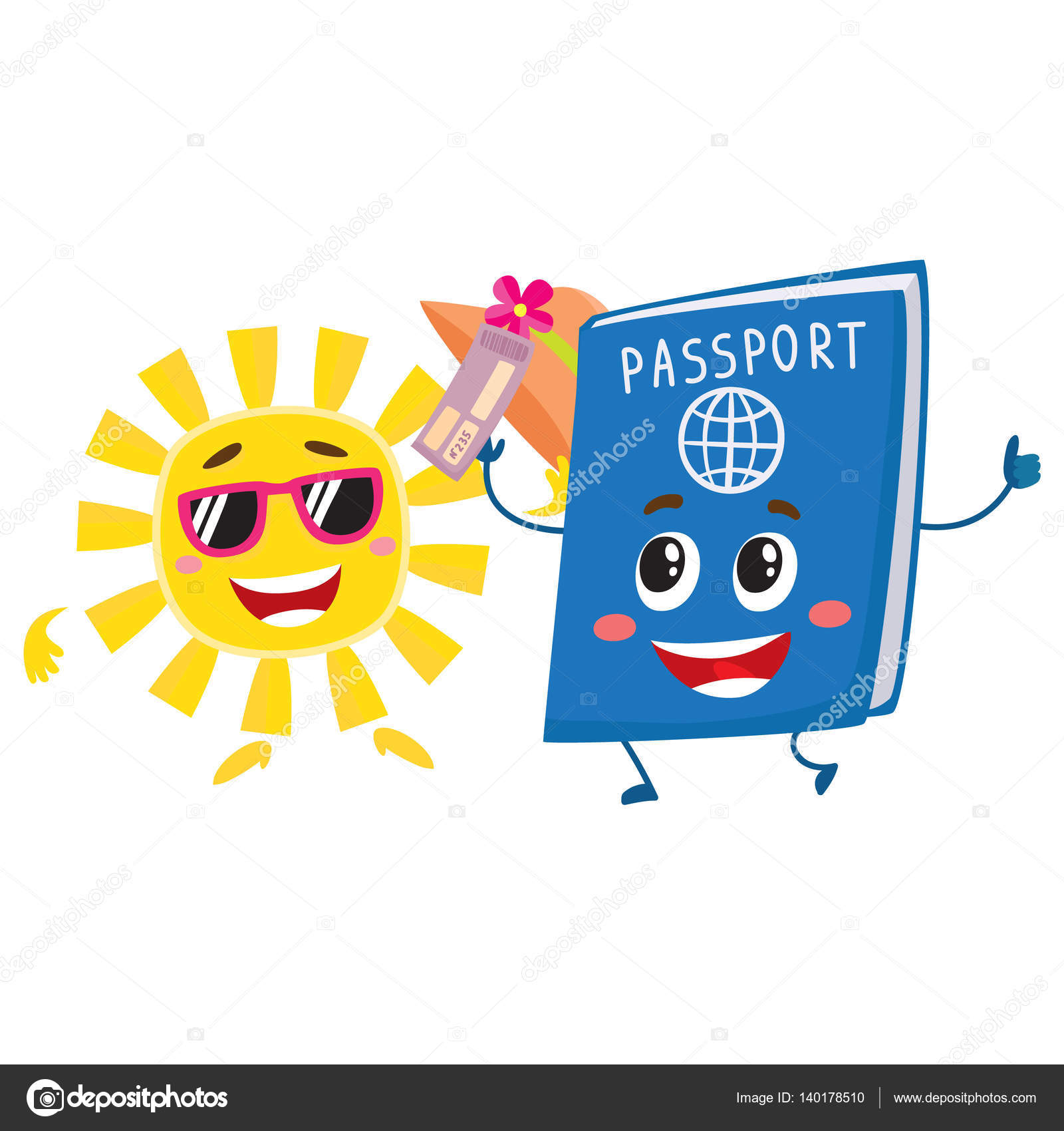 Personajes de sol y pasaporte, vacaciones, concepto de vacaciones de ...