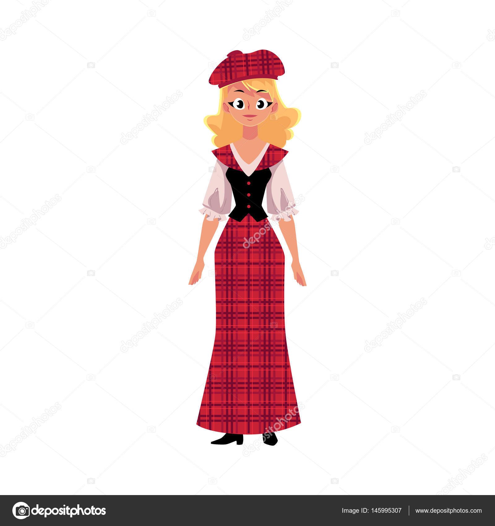 Scottish woman in national costume, tartan beret and long kilt Stock ...