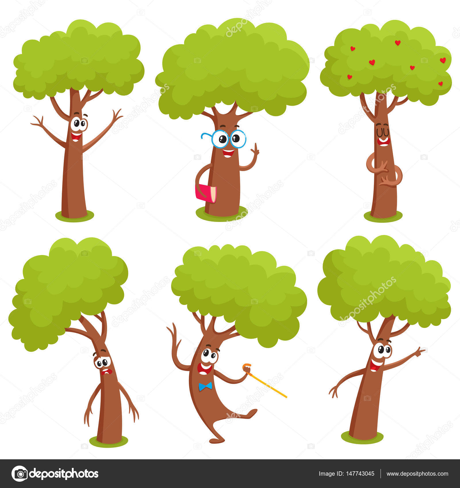 Set of funny comic tree characters showing various emotions Stock ...