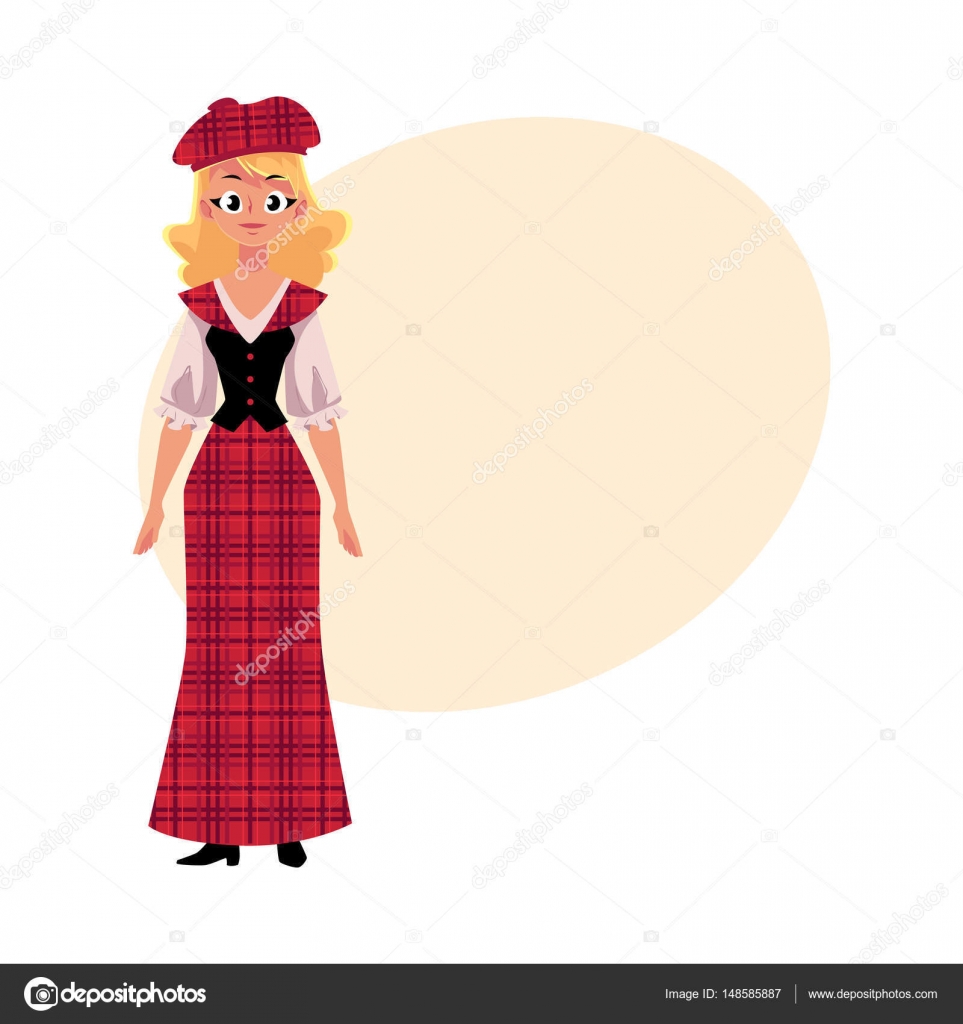 Scottish woman in national costume, tartan beret and long kilt Stock ...