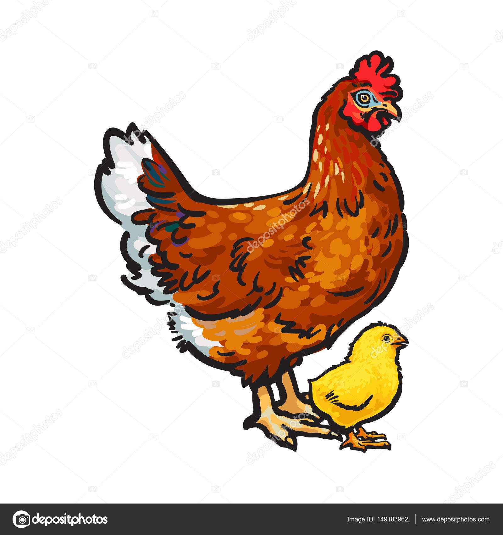 Hand getekend bruine kip en kleine gele pasgeboren kip — Stockvector ...