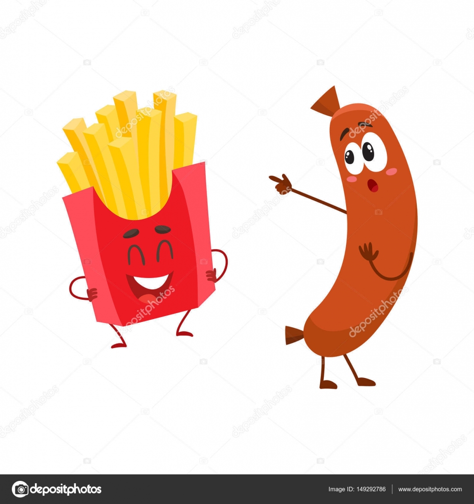 Image vectorielle Saucisses souriantes drôles et personnages de frites ...