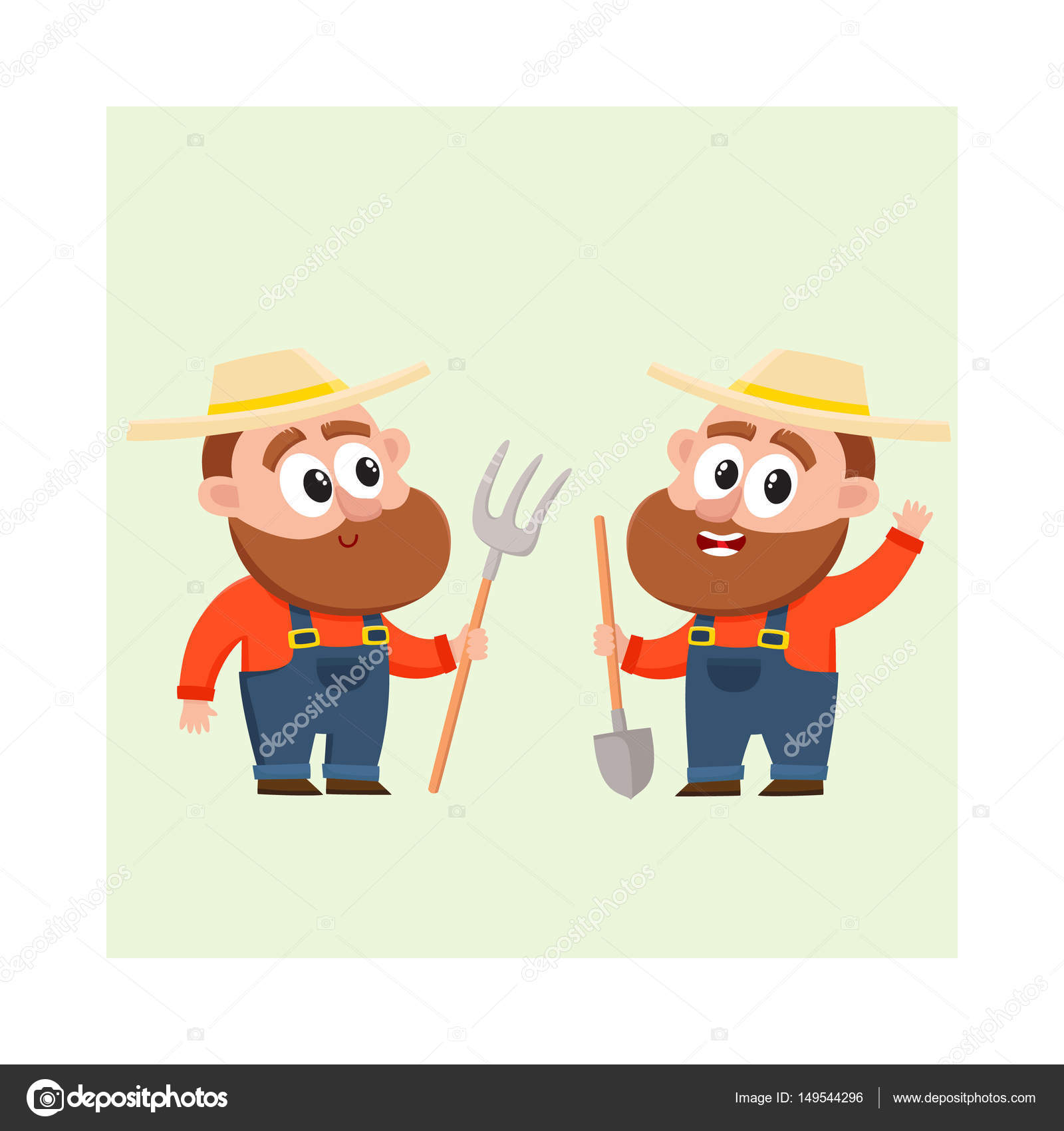 Two funny farmer characters in overalls, holding shovel, hayfork Stock ...