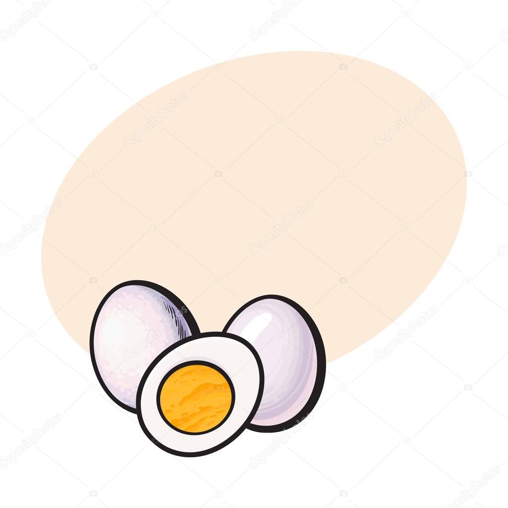 Huevo de gallina cocido, pelado, entero y cortado por la mitad 2023