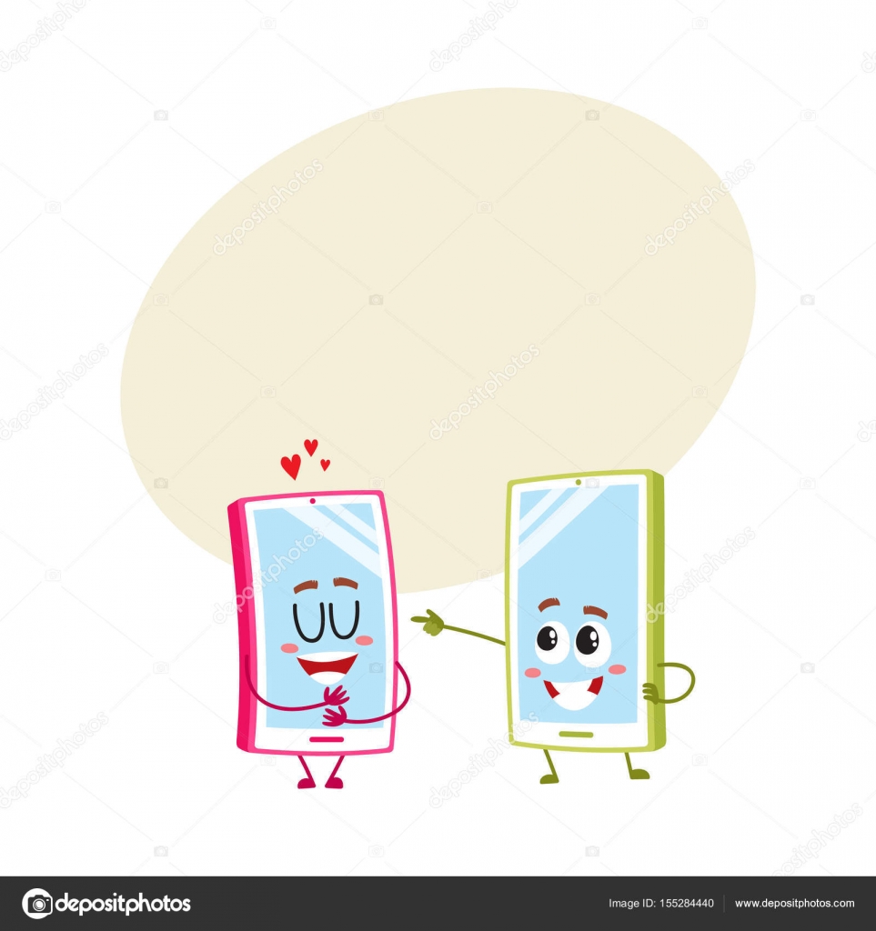 Cartoon mobile phone characters, one showing love, another pointing ...