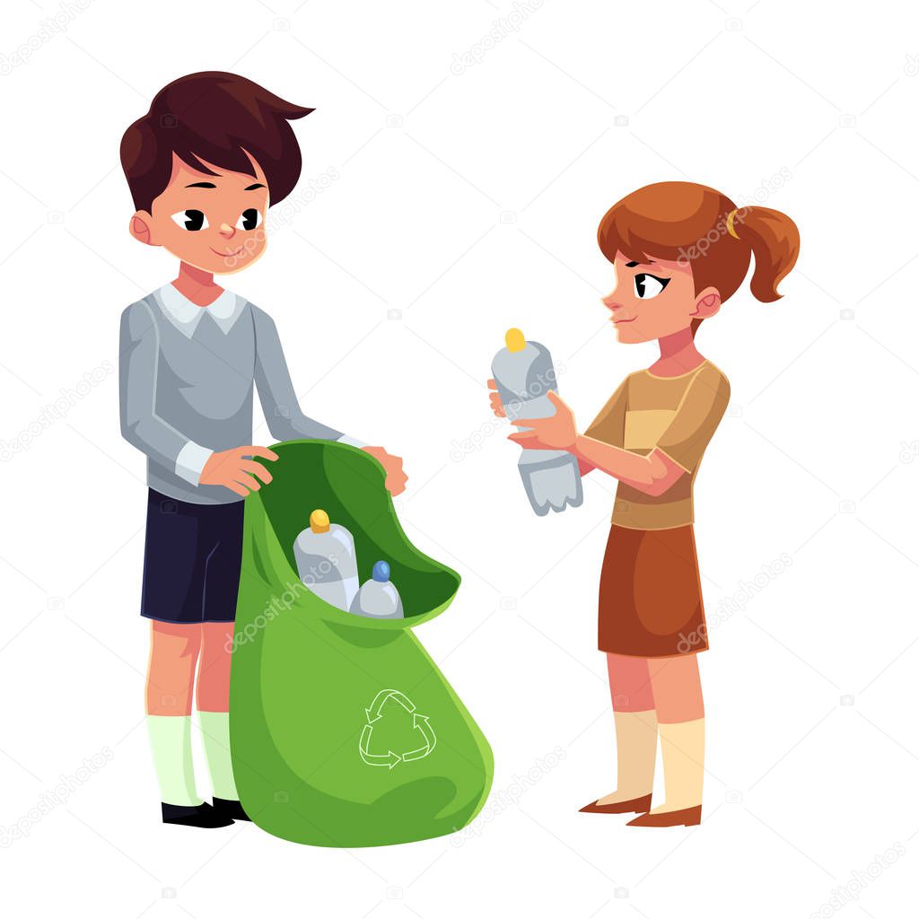 Los niños recogen botellas de plástico en la bolsa de basura, concepto de reciclaje de residuos 2023