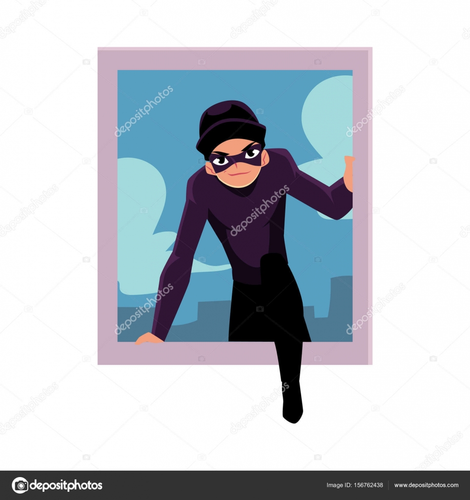 Thief, burglar in black disguise breaking into house through window ⬇ ...