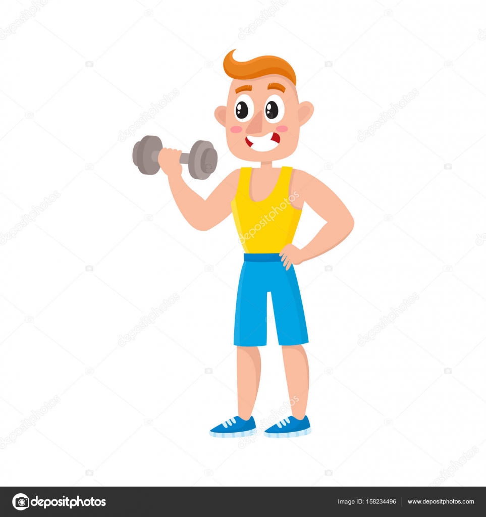 Joven entrenando bíceps con mancuerna, levantamiento de pesas en ...