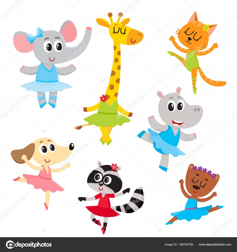 Cute little animal characters, ballet dancers in pointed shoes and tutu ...