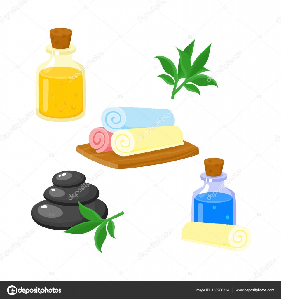 Set of spa salon accessories - hot stones, massage oil, towels Stock ...