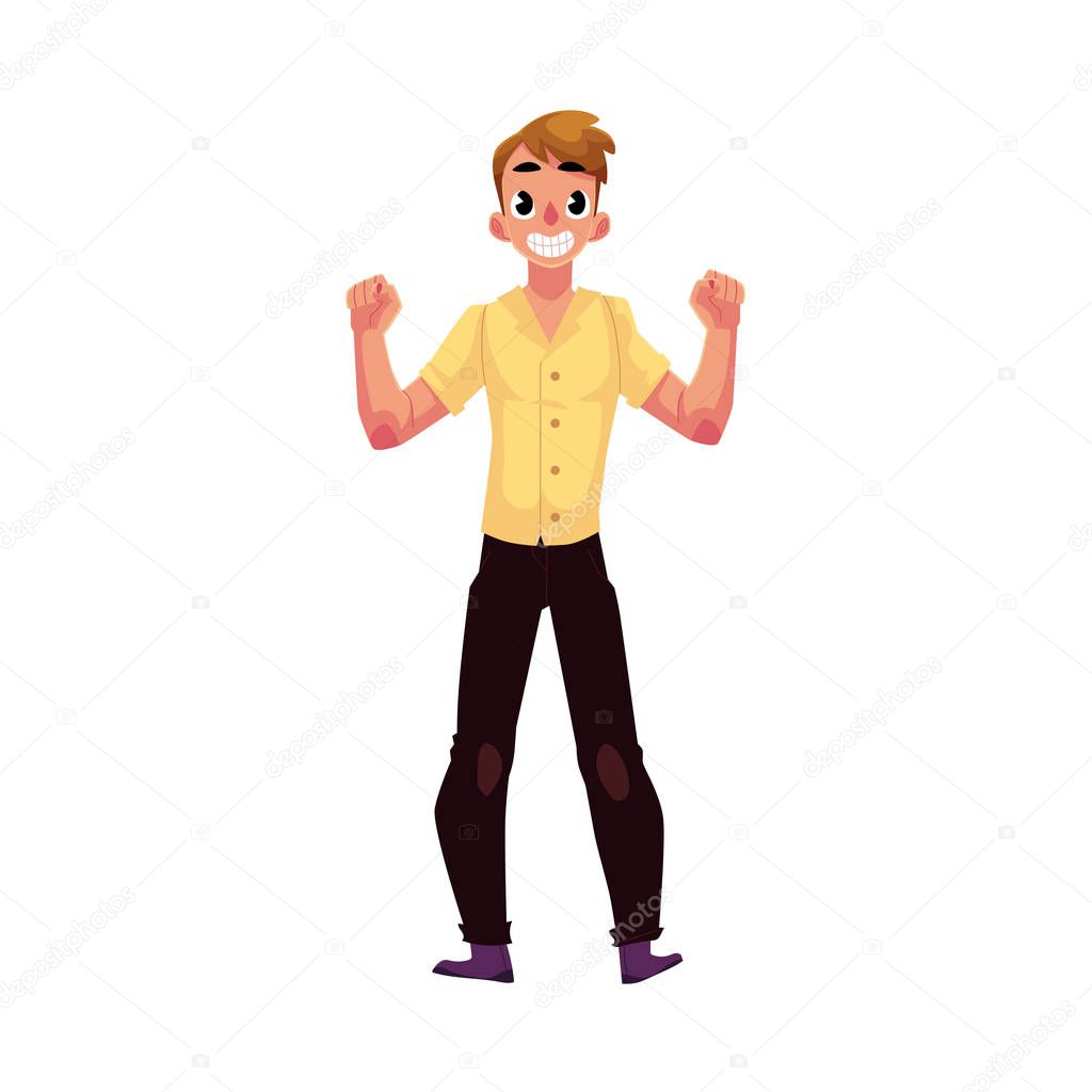 Man, boy, guy, rejoicing, cheering, clenching fists in happiness ...