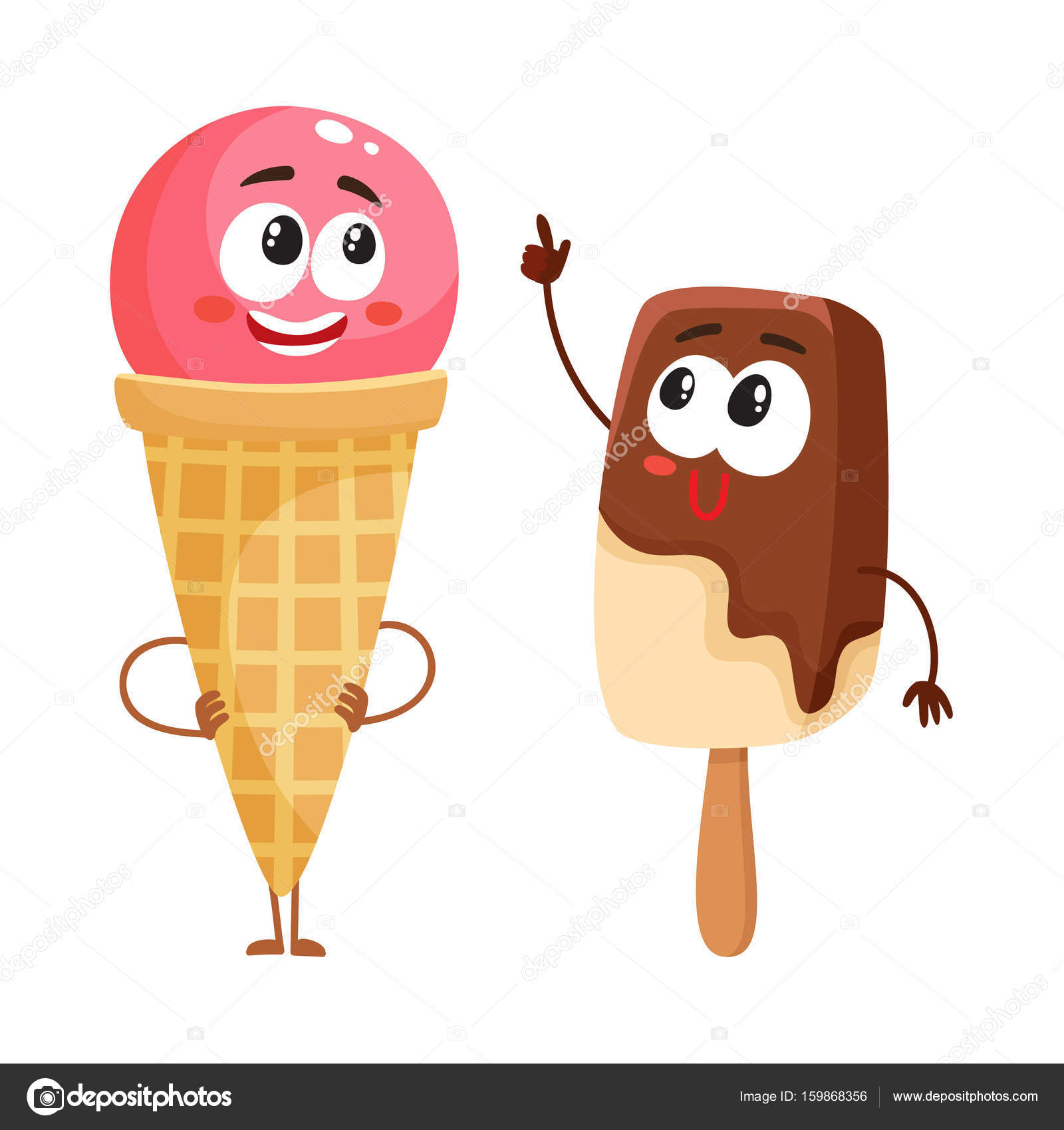 Two funny ice cream characters - strawberry cone and chocolate popsicle ...