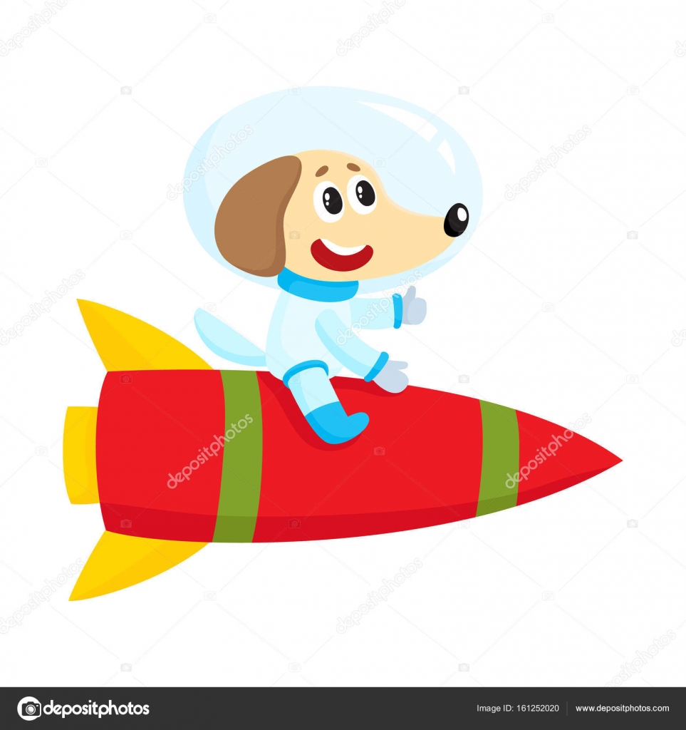 Cute little dog, puppy astronaut, spaceman character riding a rocket ...