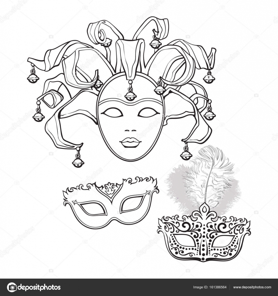 Set of three decorated Venetian carnival masks with feathers and bells ...