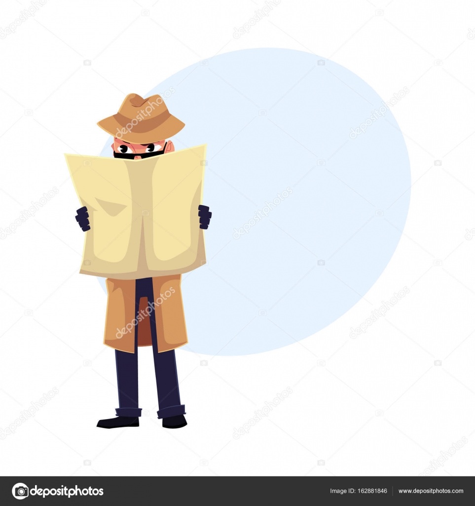 Comic style detective character spying on somebody, hiding behind ...