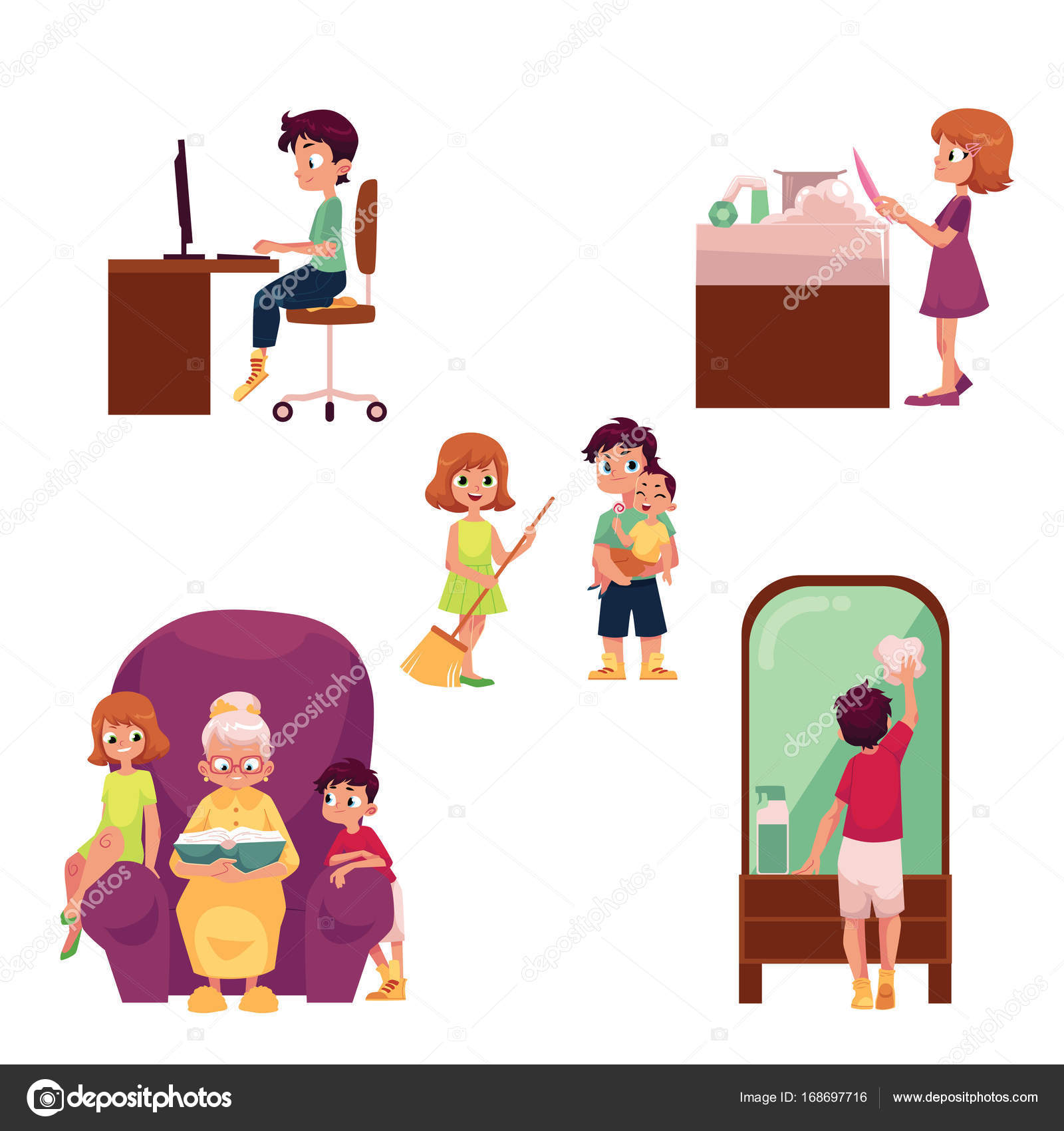 Kids, children home activities, doing chores Stock Vector Image by ...
