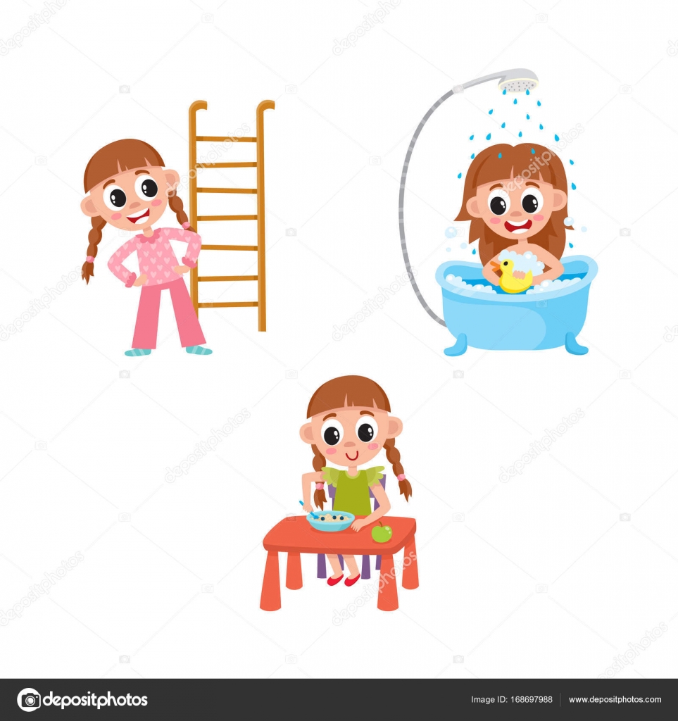 Vector flat cartoon kid doing routine activity set Stock Vector by ... Vector flat cartoon kid doing routine activity set Stock Vector by ...