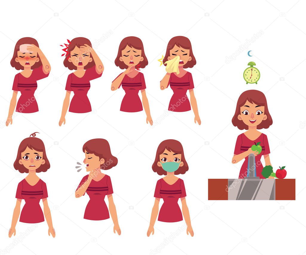 Gripe, resfriado, síntomas de gripe y conjunto de prevención 2023