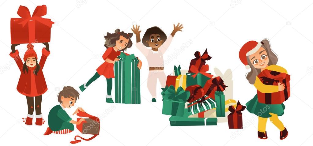 Set of kids, children with Christmas presents — Stock Vector ...