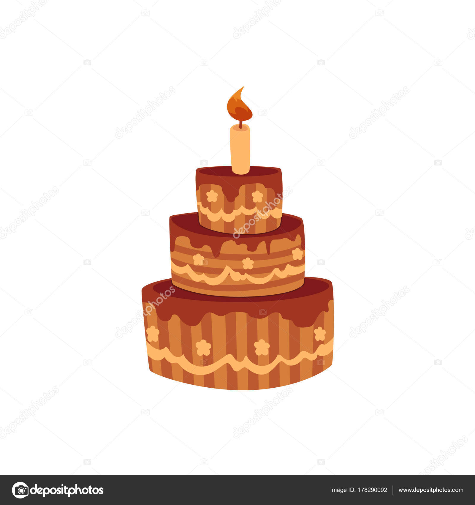 Tier birthday cake with chocolate icing and candle Stock Illustration ...