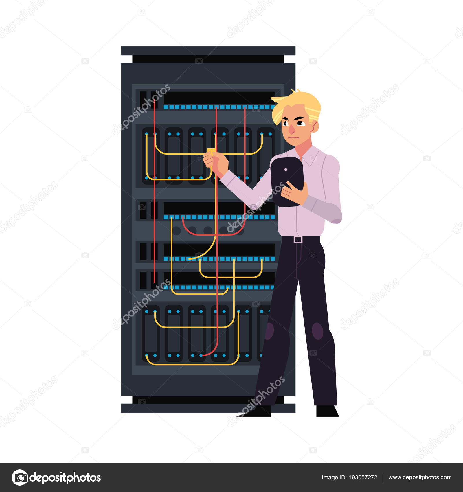 Ilustração de sala de servidor com data center e administrador de ...