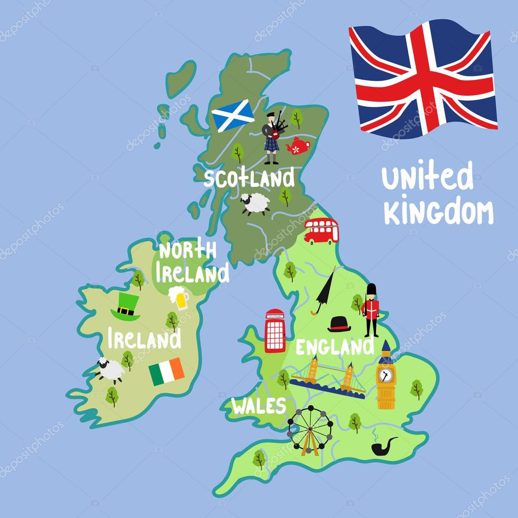 vector cartoon United Kingdom map national symbols — Stock Vector ...