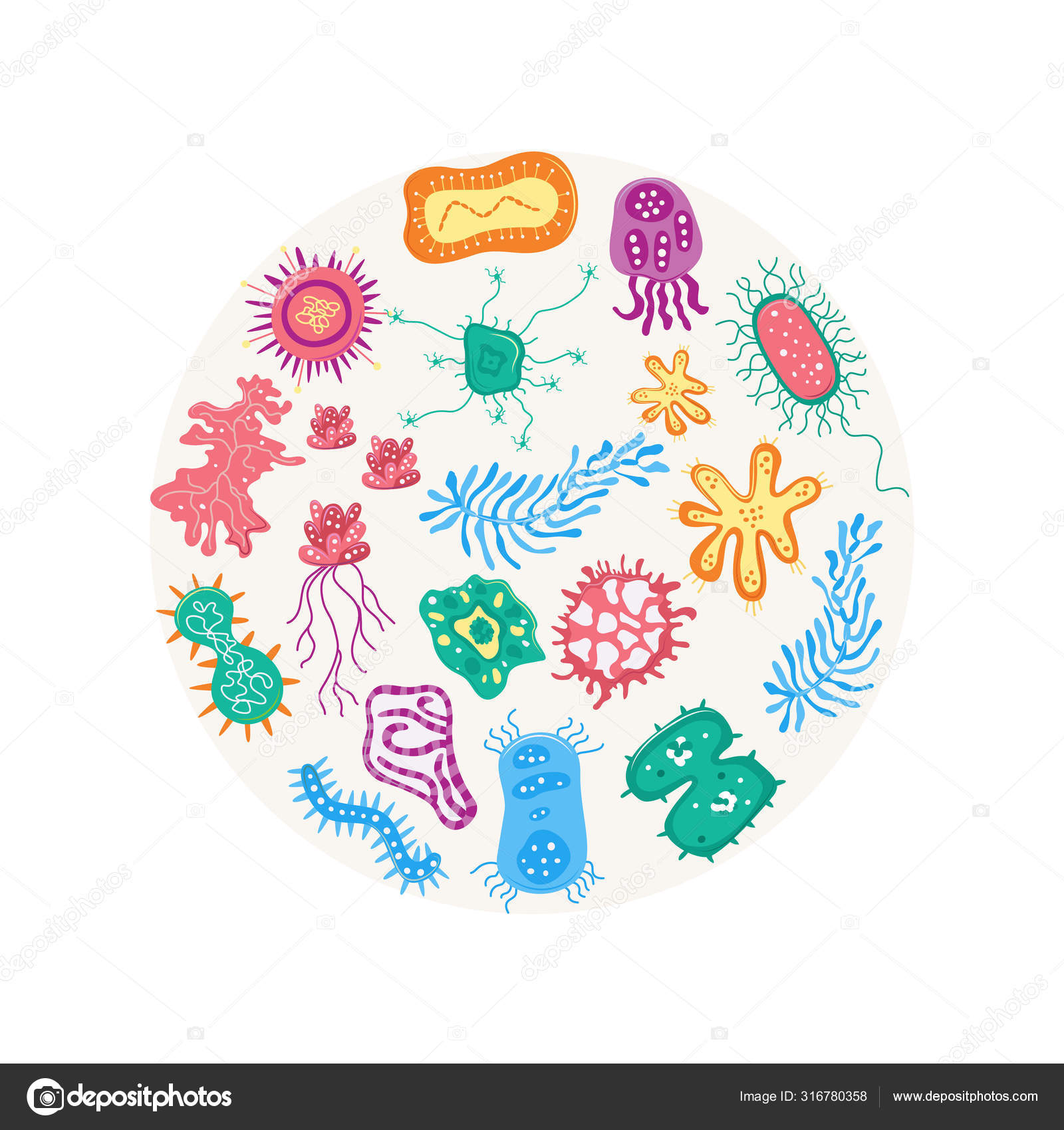 Colorful bacteria in circle shape isolated on white background Stock ...