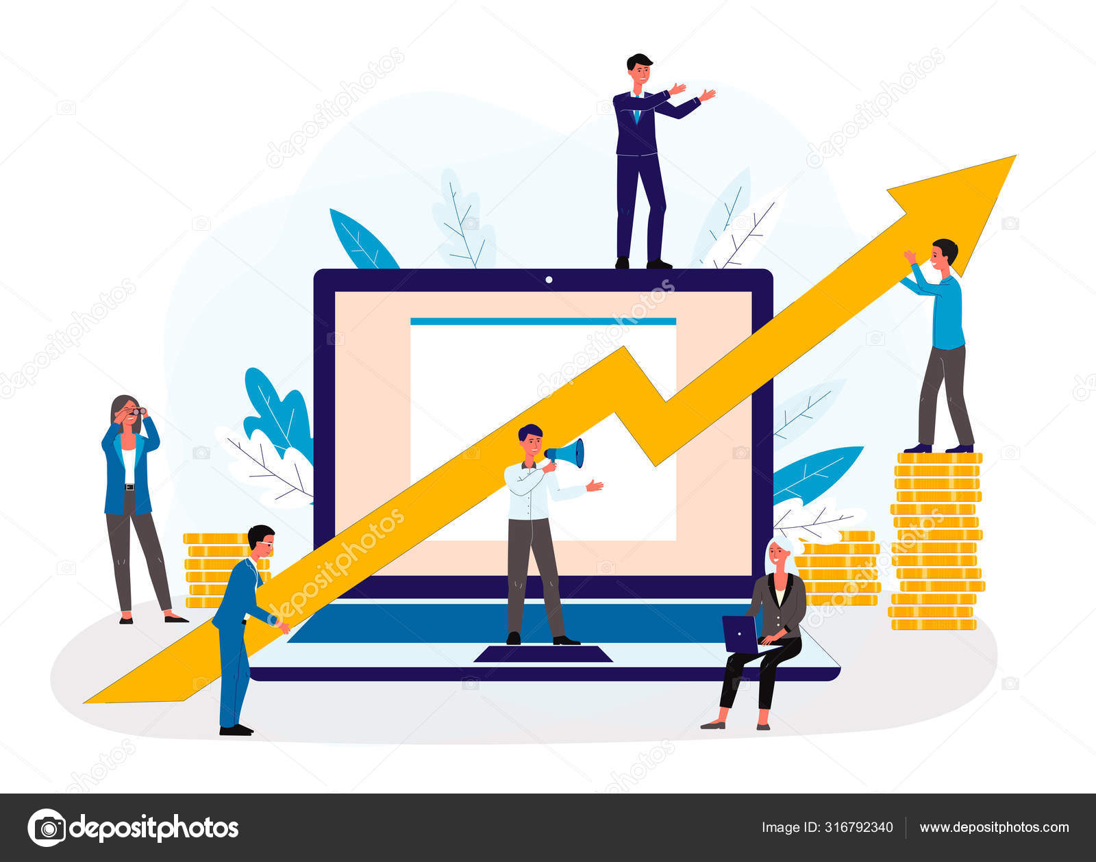 Growth arrow chart on giant laptop screen with cartoon business people ...