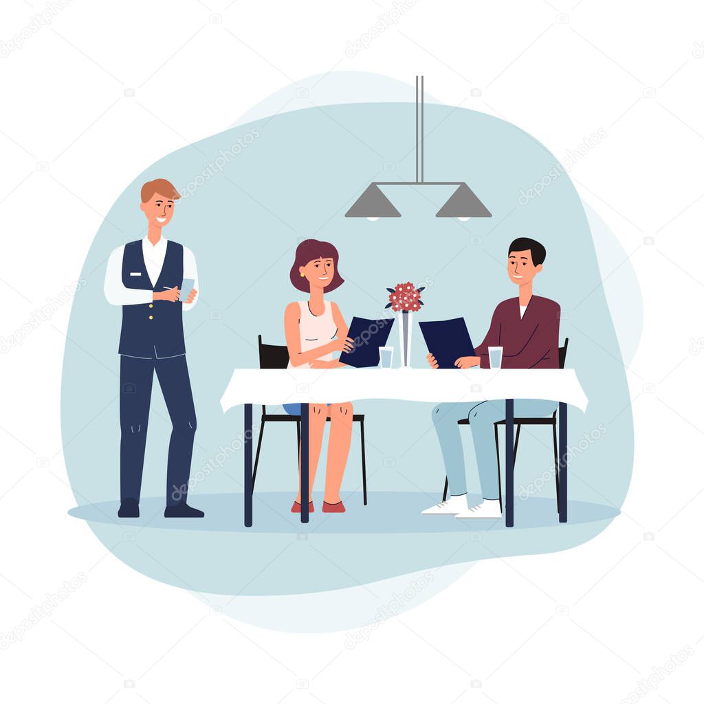 Pareja pidiendo comida en restaurante o cafetería plana vector ...