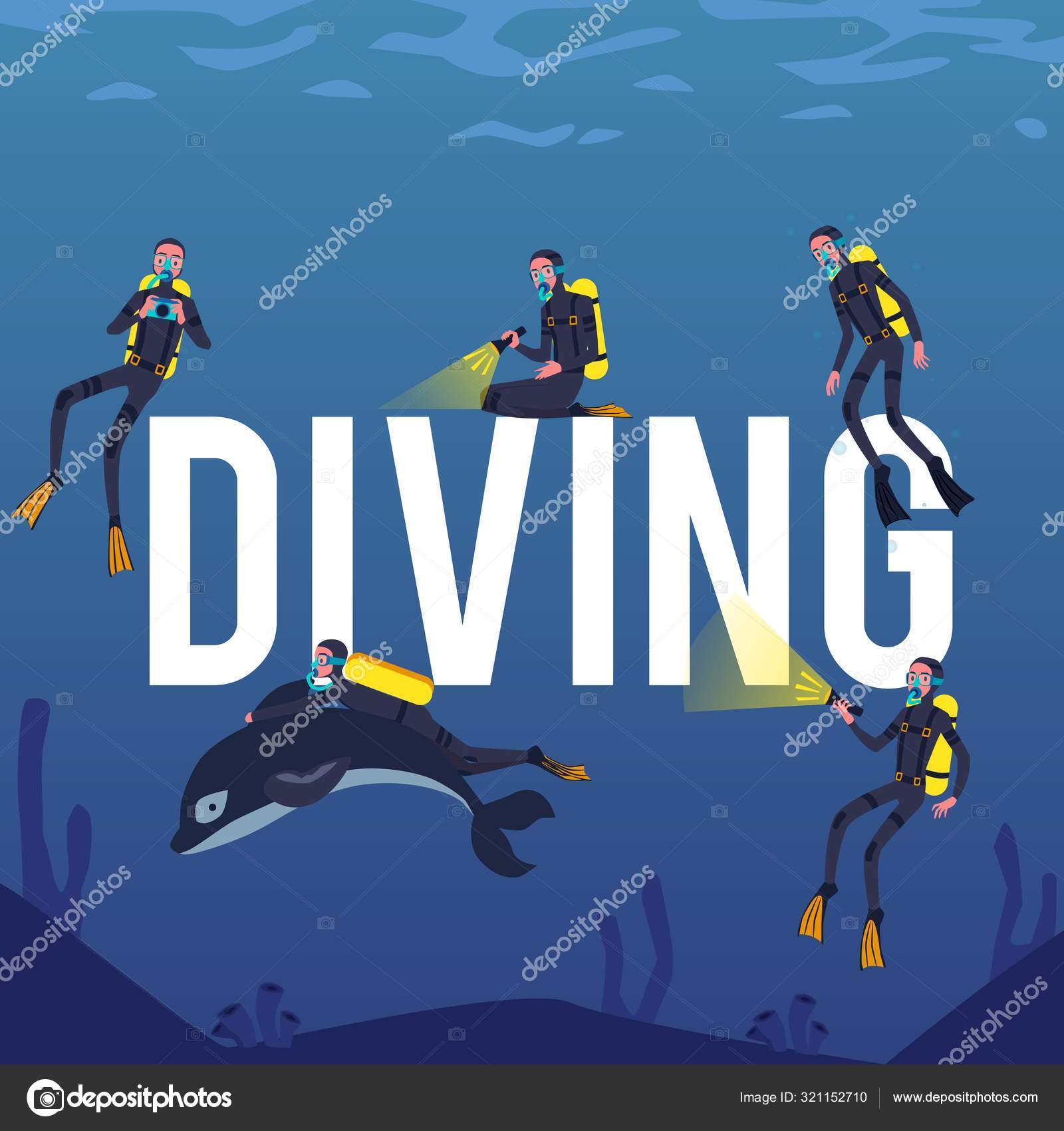 Underwater scuba diving poster with cartoon diver men with masks Stock ...