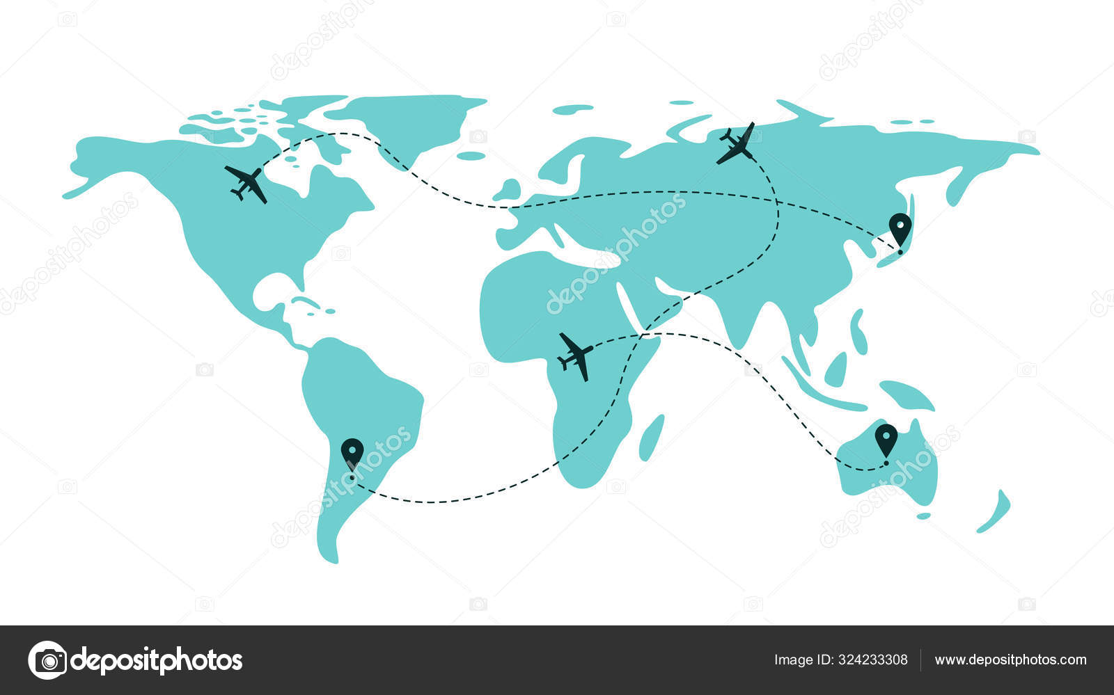 Airplane flight line paths going across blue world map - plane travel ...