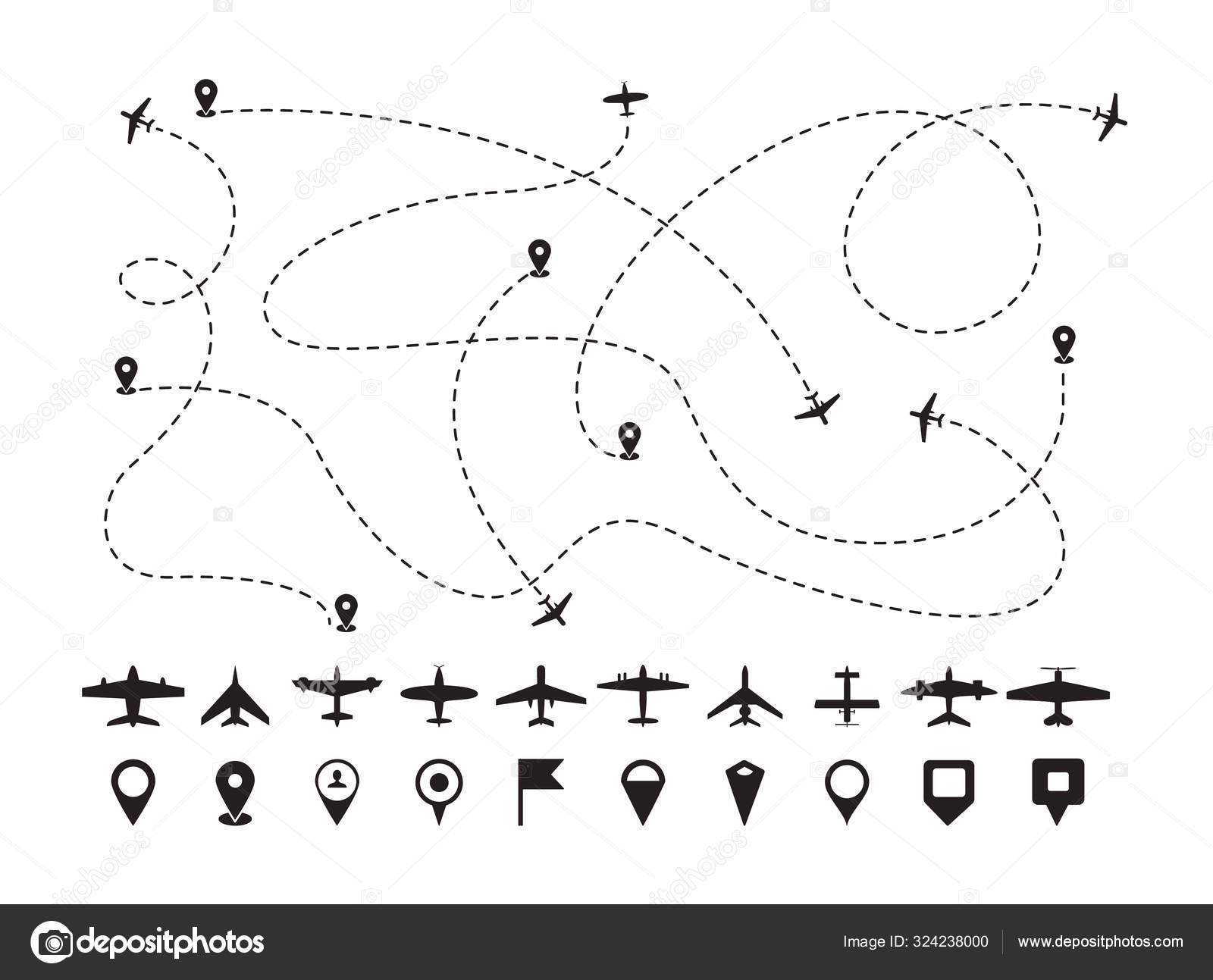 Airplane path line and icon set - black silhouette collection of ...