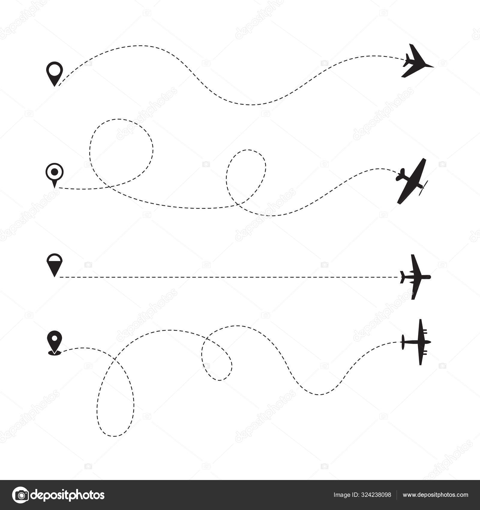 Airplane icon flight path set with different wavy or straight trace ...