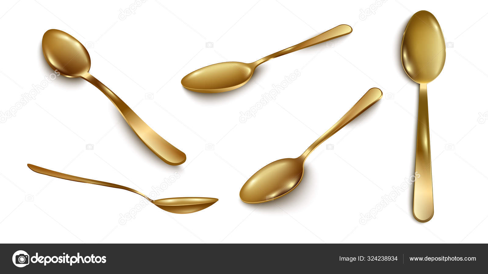 Realistic gold tea spoon set from top, side view in different angles ...
