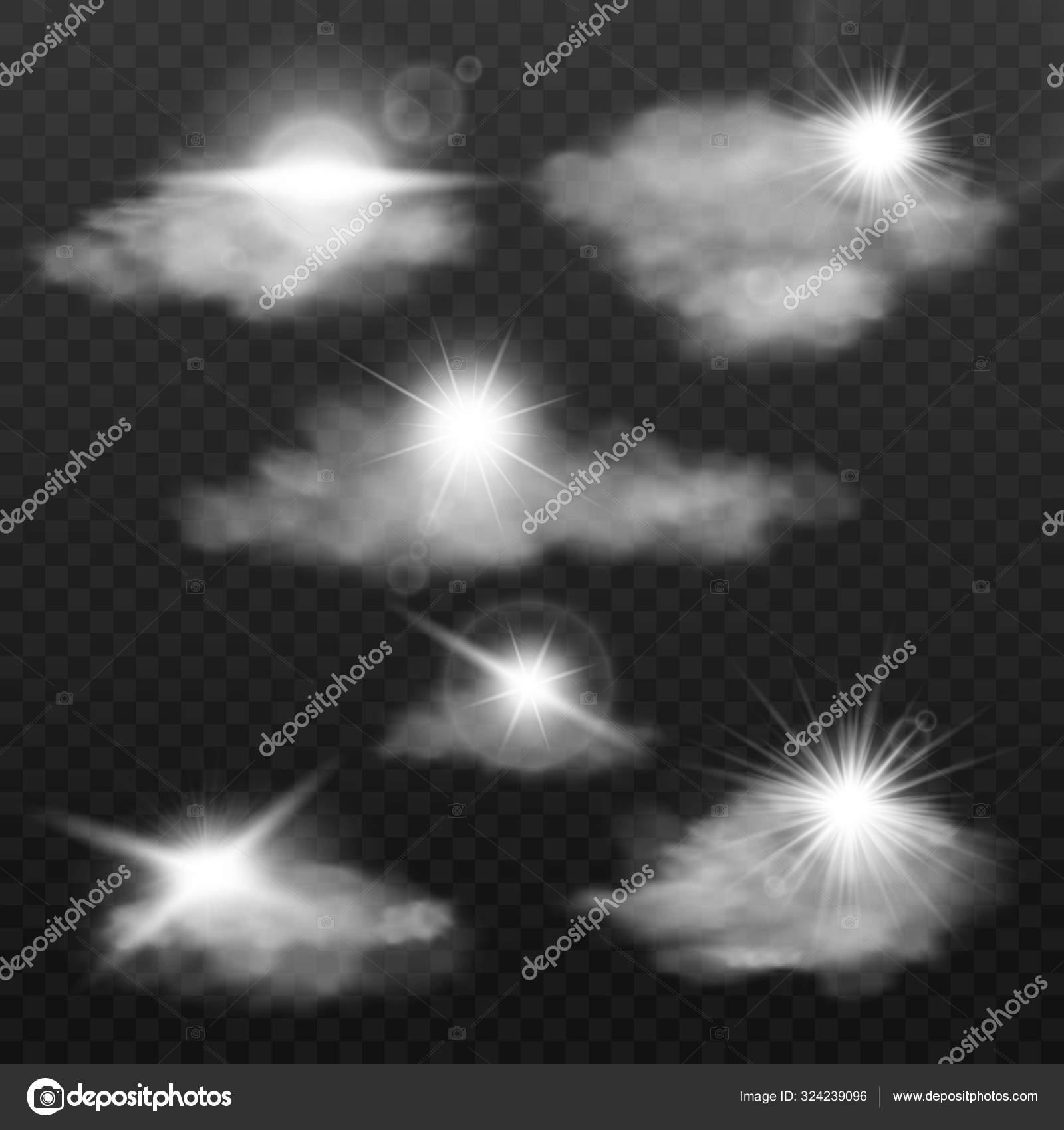 Sun rays through clouds effect set of realistic vector illustrations ...