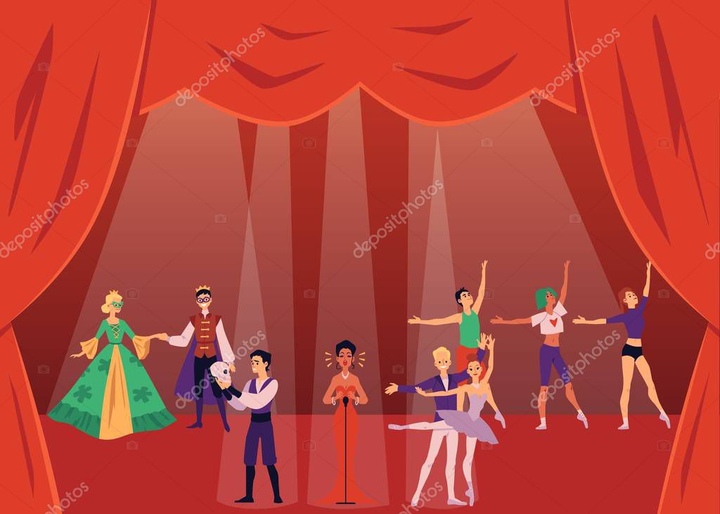 Actores teatrales o artistas del espectáculo en el escenario con ...