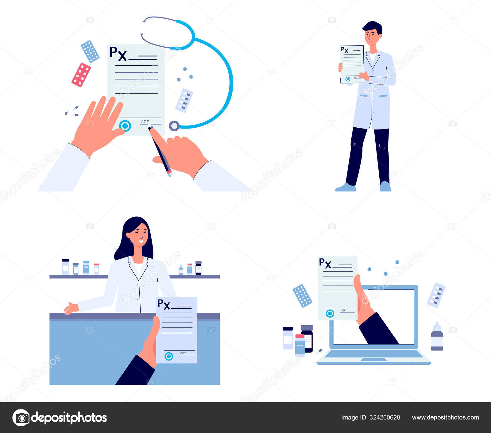 Medical prescription flat drawing set, people holding and signing paper ...