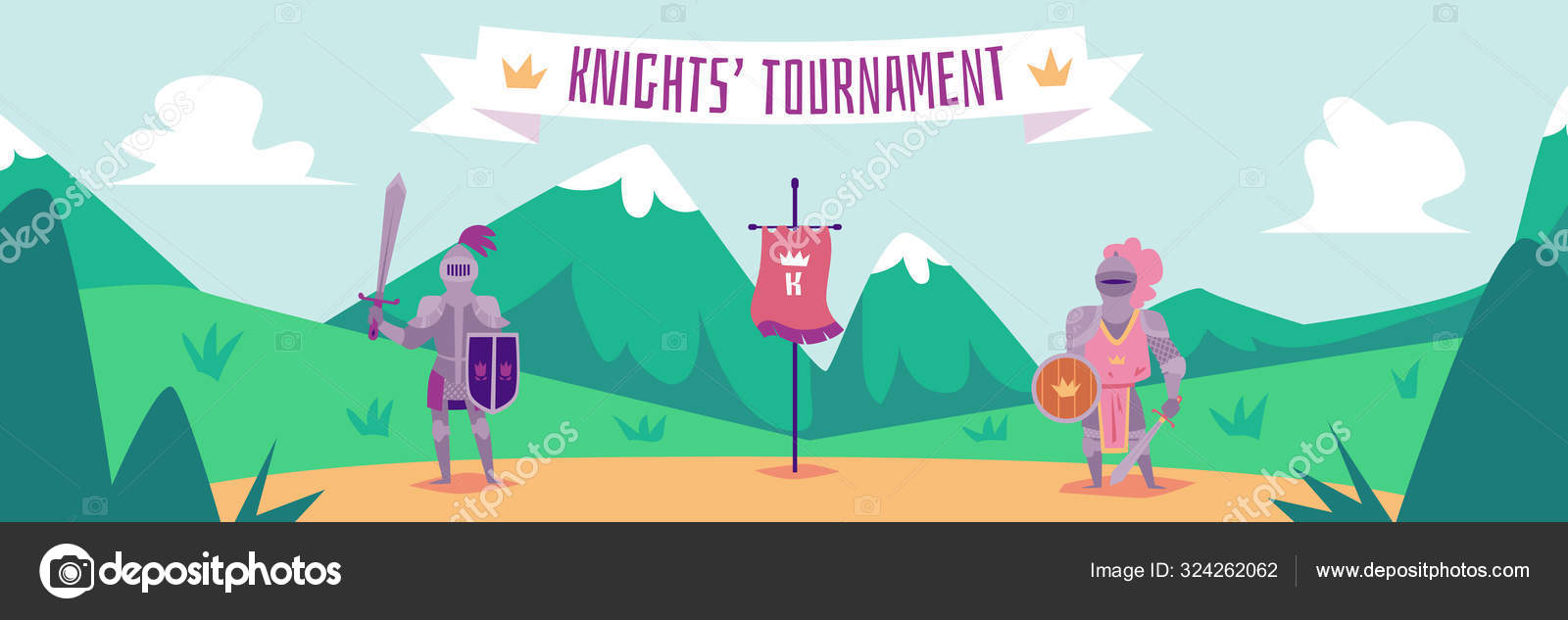 Knight tournament - flat cartoon banner with two fighters in metal ...
