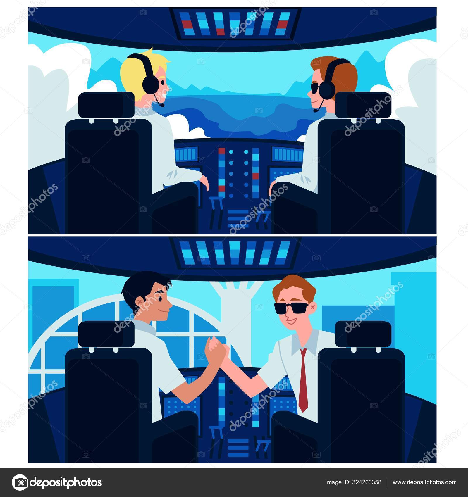 Cartoon airplane cockpit interior with plane captain and second pilot ...