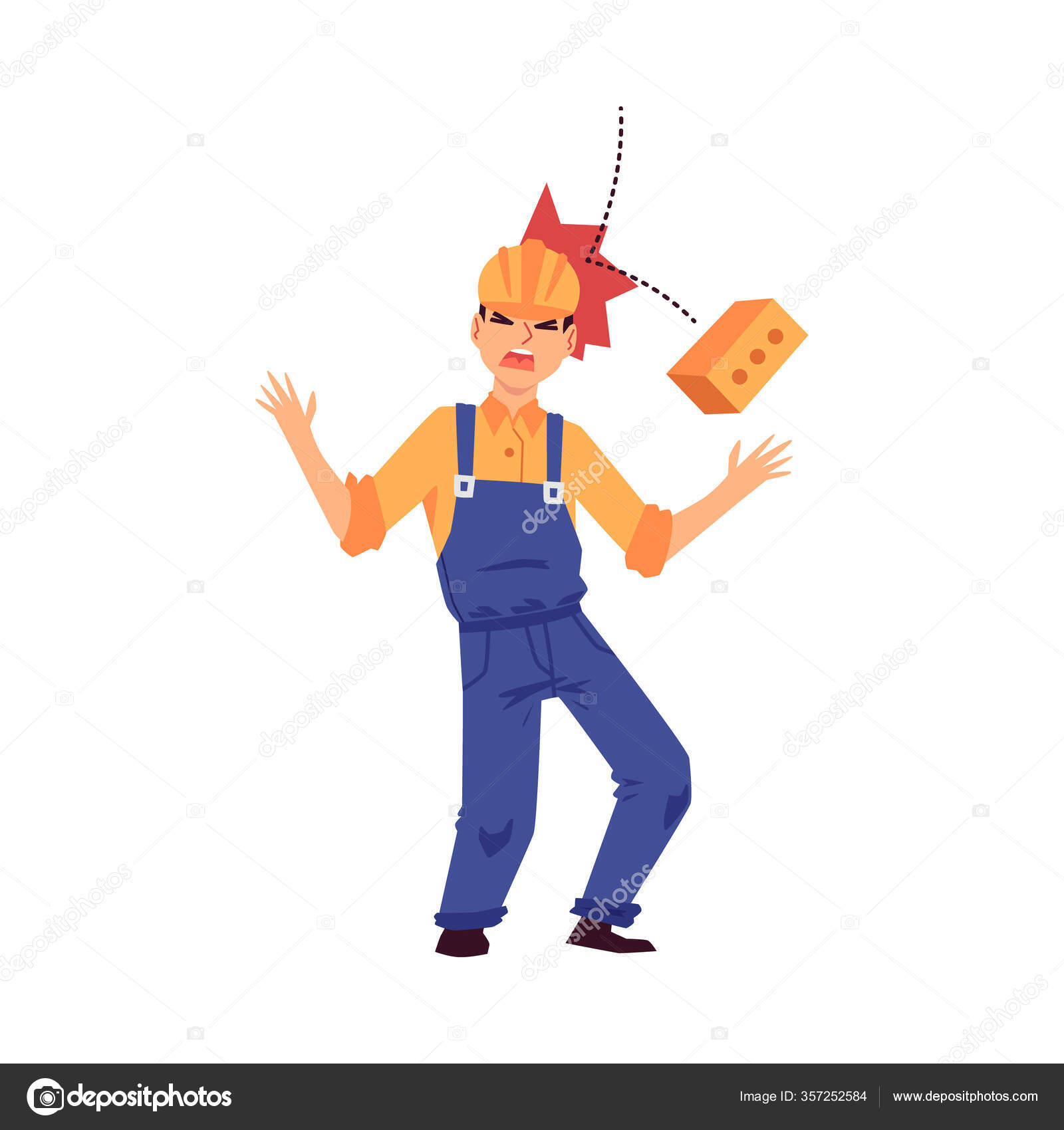 Work injury - cartoon builder manhit on head by falling brick Stock ...