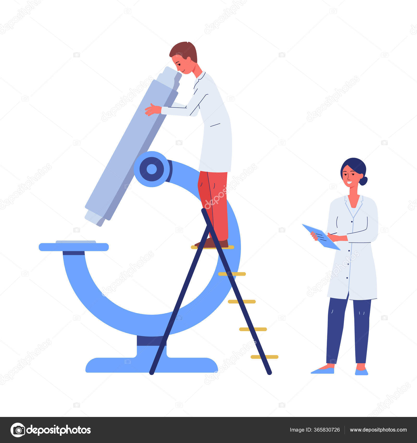 Cartoon scientists doing science research on giant microscope Stock ...