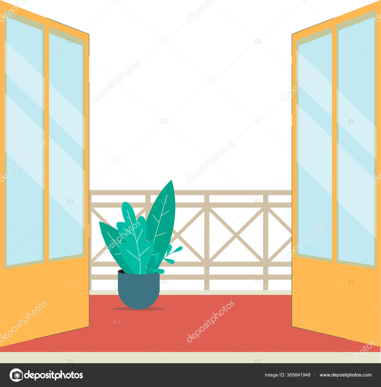 Blank balcony view template - open double doors to outdoor terrace ...
