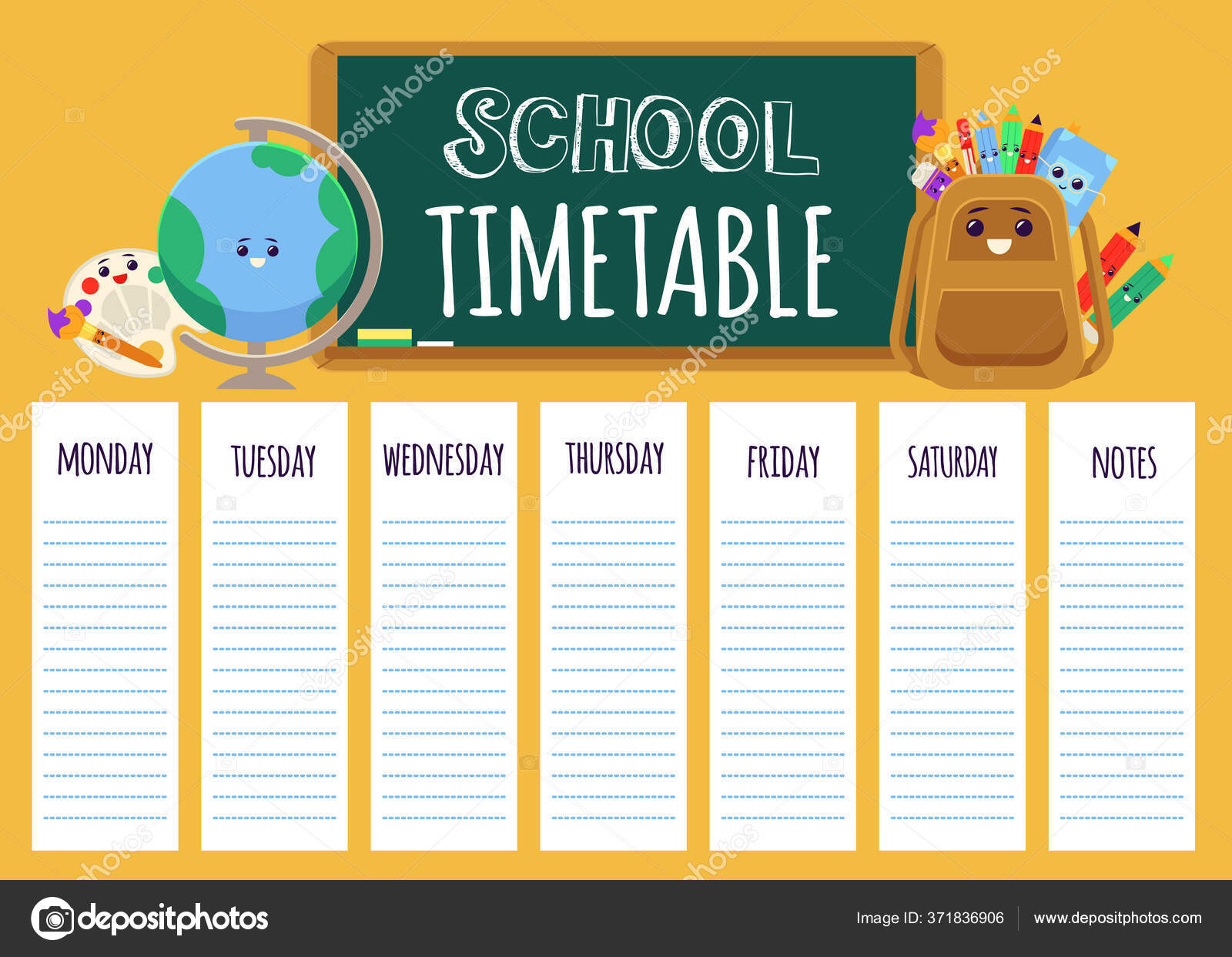 Cute childrens school timetable with weekly list template and cartoon ...