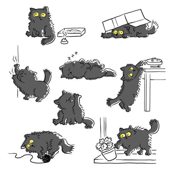 Bad behavior of playful naughty cat sketch vector illustrations set ...